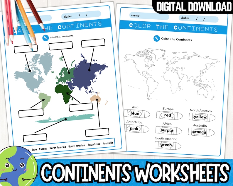 Continents of the World Worksheets for Kids | Continents Labeling Worksheet | 7 Continents ...