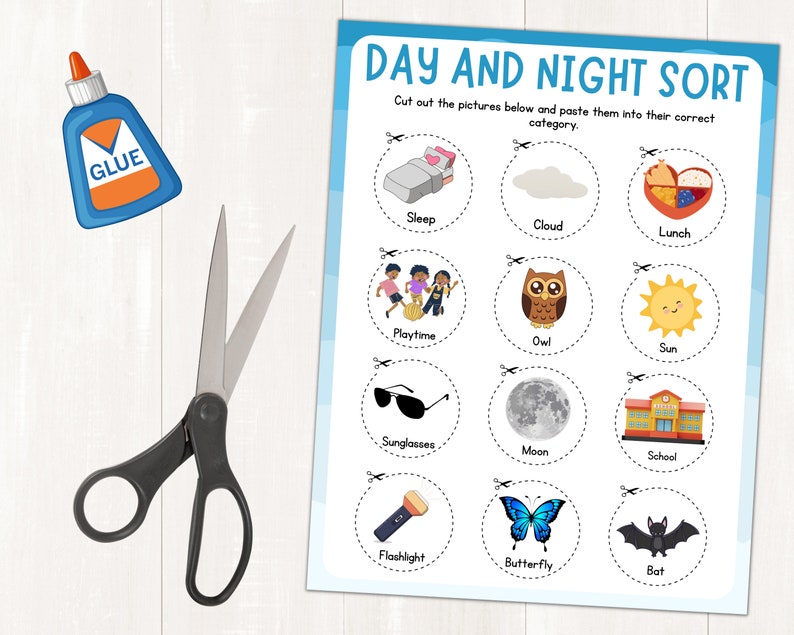Day and Night Sorting Activity | Cut and Paste | Day or Night Printable ...