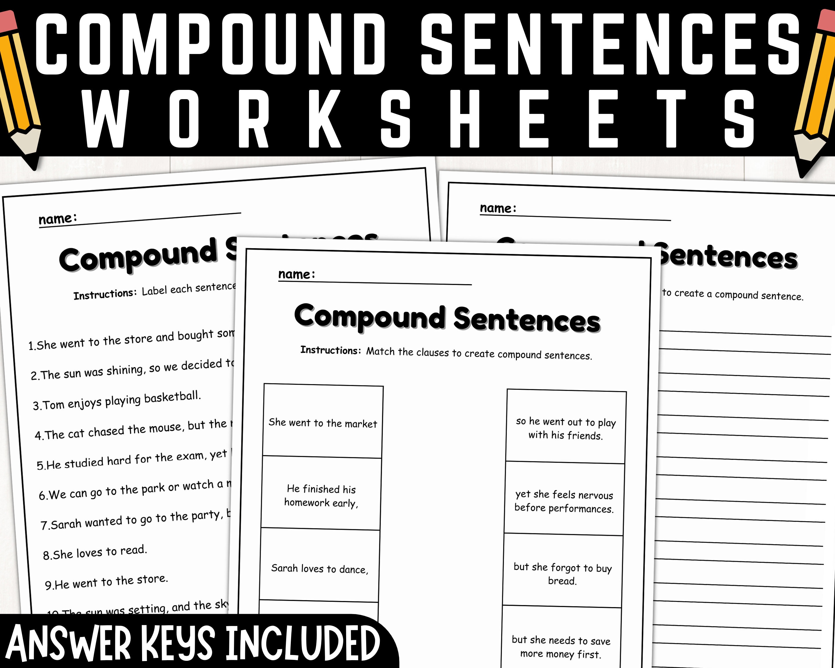 Compound Sentence Worksheets | Sentence Structure | Coordinating ...
