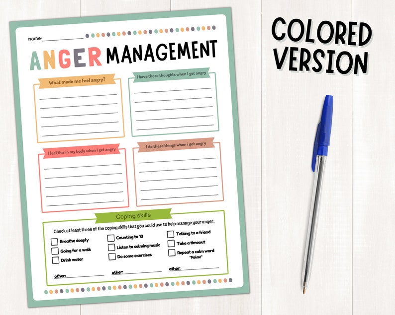 Anger Management Printable Worksheet Dealing With Anger Coping With ...