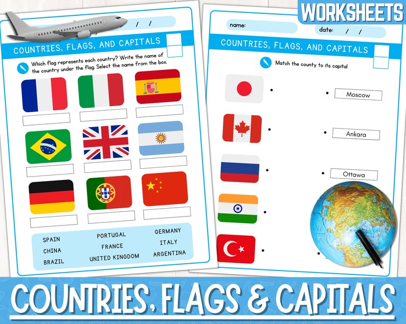 Countries Flags and Capitals Worksheets, Printable Countries of the ...