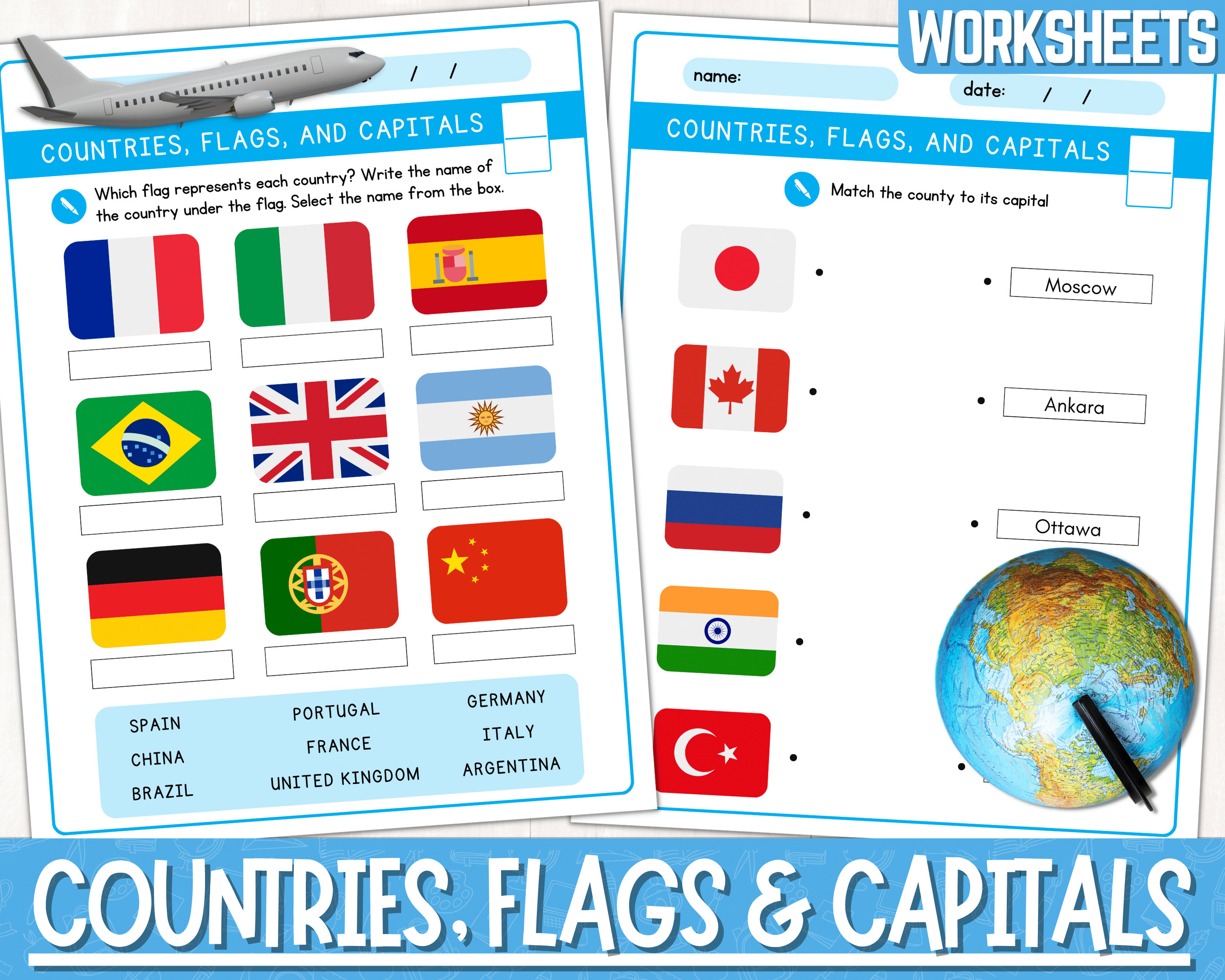 Countries Flags and Capitals Worksheets, Printable Countries of the ...