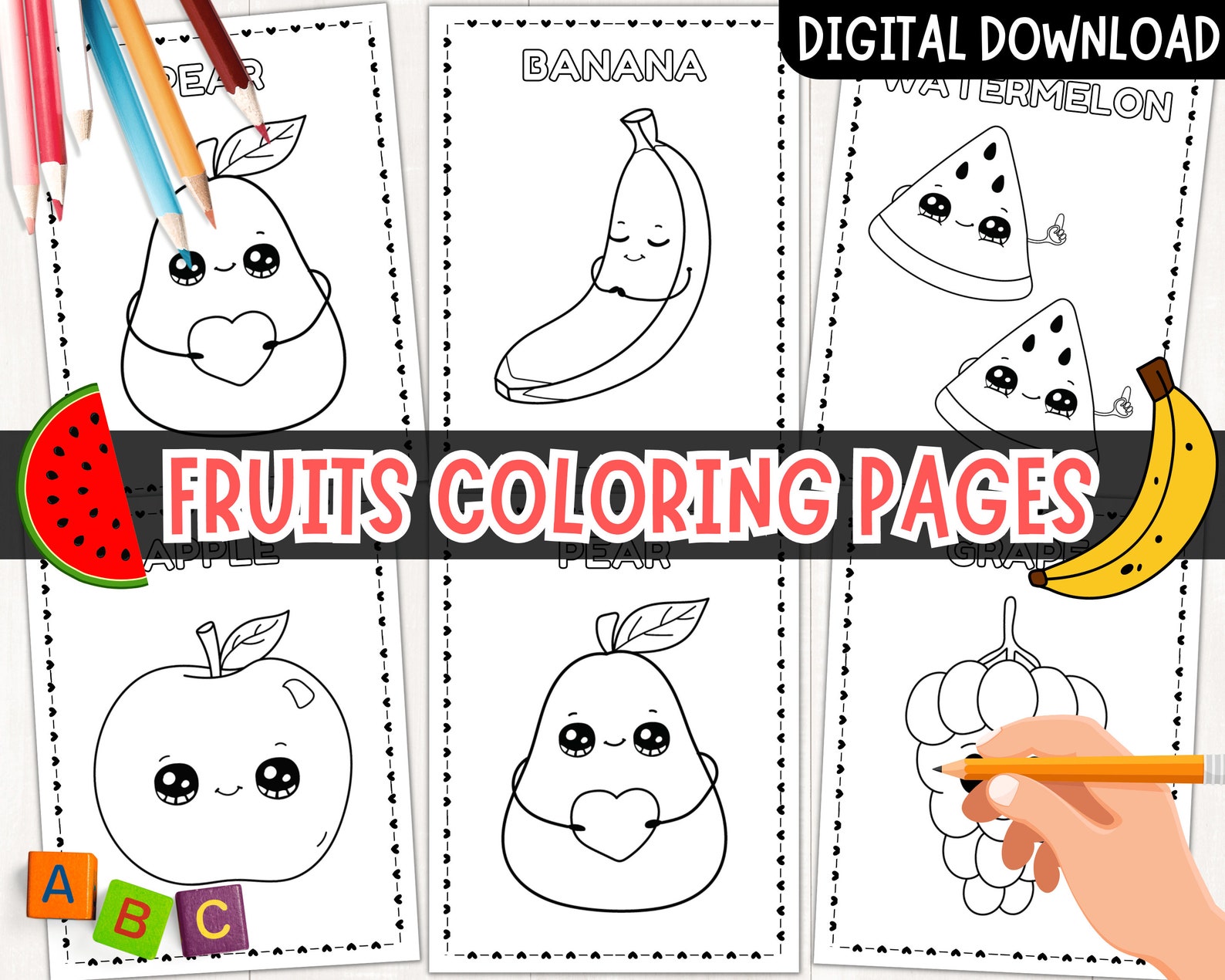 Printable Fun Fruits Coloring Pages for Kids, Summer Coloring Sheets ...