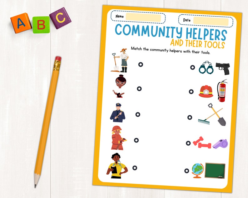 Community Helpers Activities & Worksheets | Jobs and Tools Matching ...