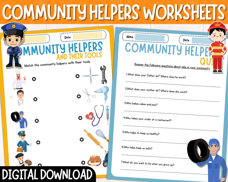 Community Helpers Activities & Worksheets | Jobs and Tools Matching ...