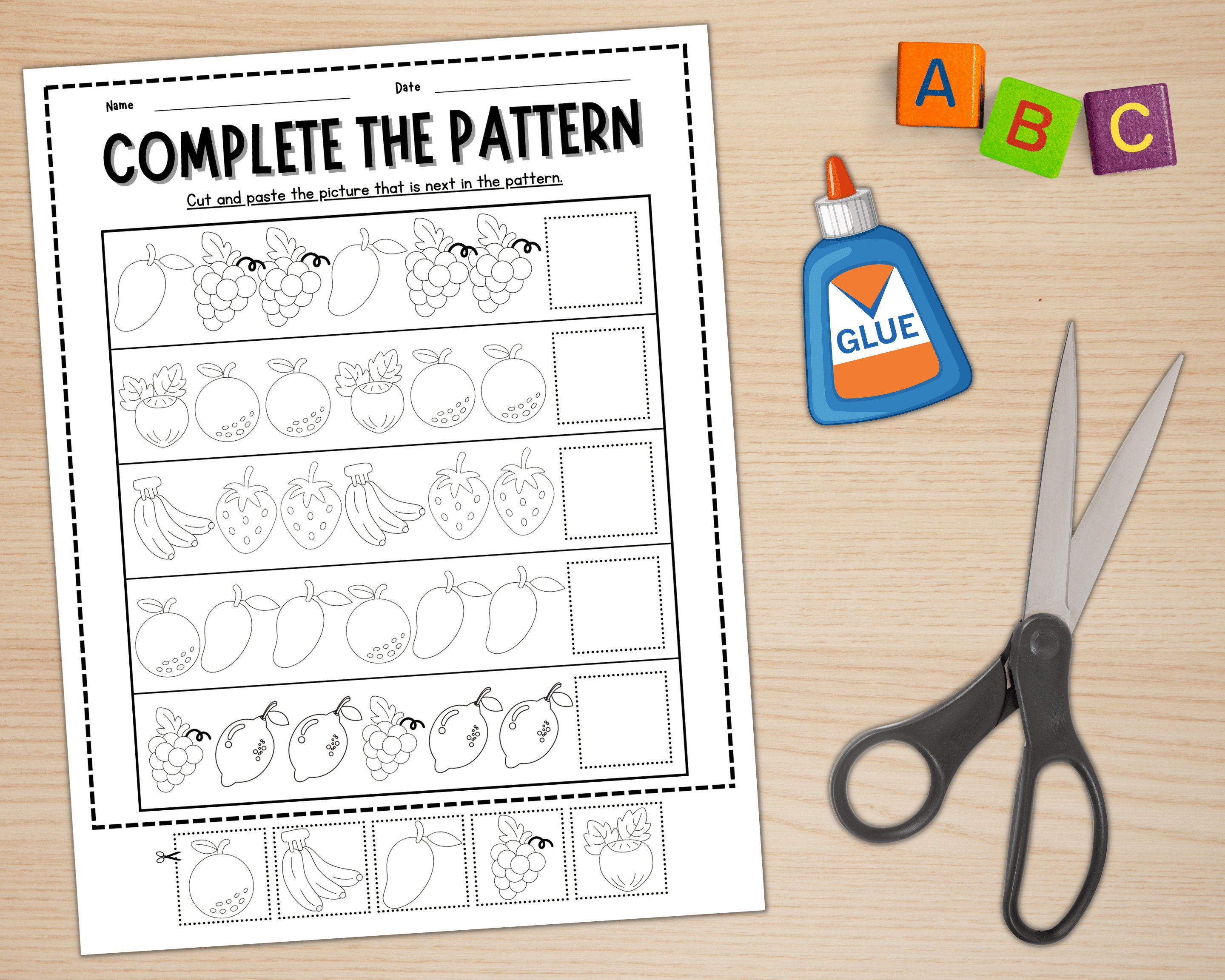 Fruits and Animals Complete the Pattern Activity Ab, Aab, Abb, Abc ...