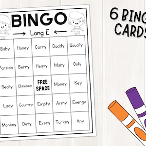 Long Vowel E Bingo (ey, Y) | Phonics Bingo Game for Kids | Long E Words ...