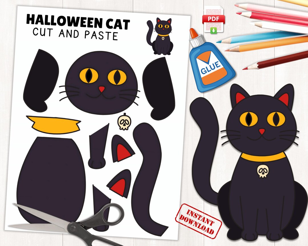 Printable Halloween Cat Craft: Cut, Paste & Color Activity (PDF ...