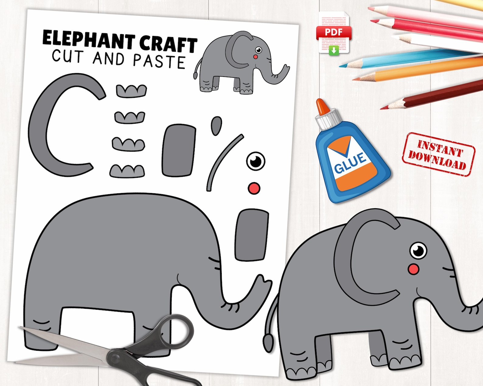 Elephant Craft Template | Printable Elephant Craftivity | Color, Cut ...