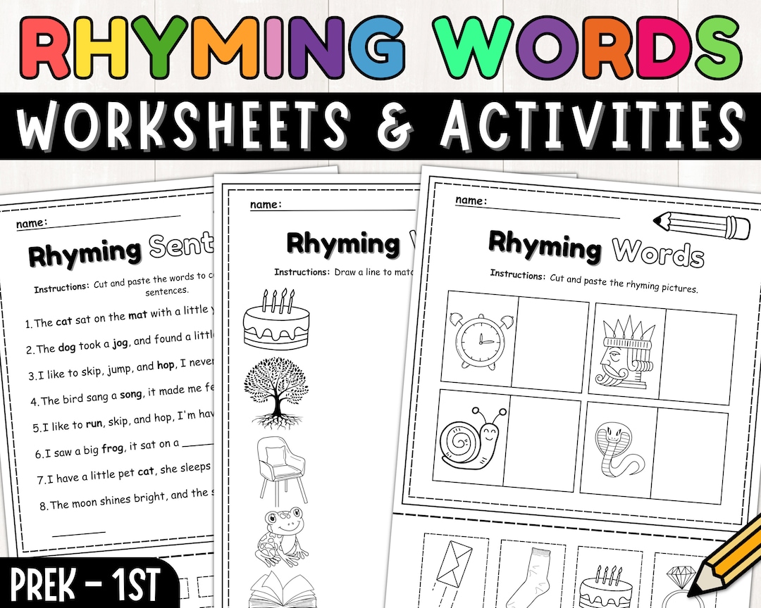 Rhyming Words Worksheets | Matching | Coloring | Cut & Paste | Rhyming ...