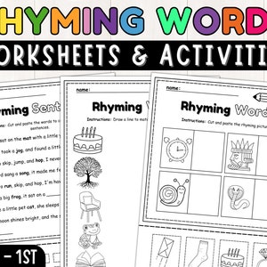 Rhyming Words Worksheets | Matching | Coloring | Cut & Paste | Rhyming ...