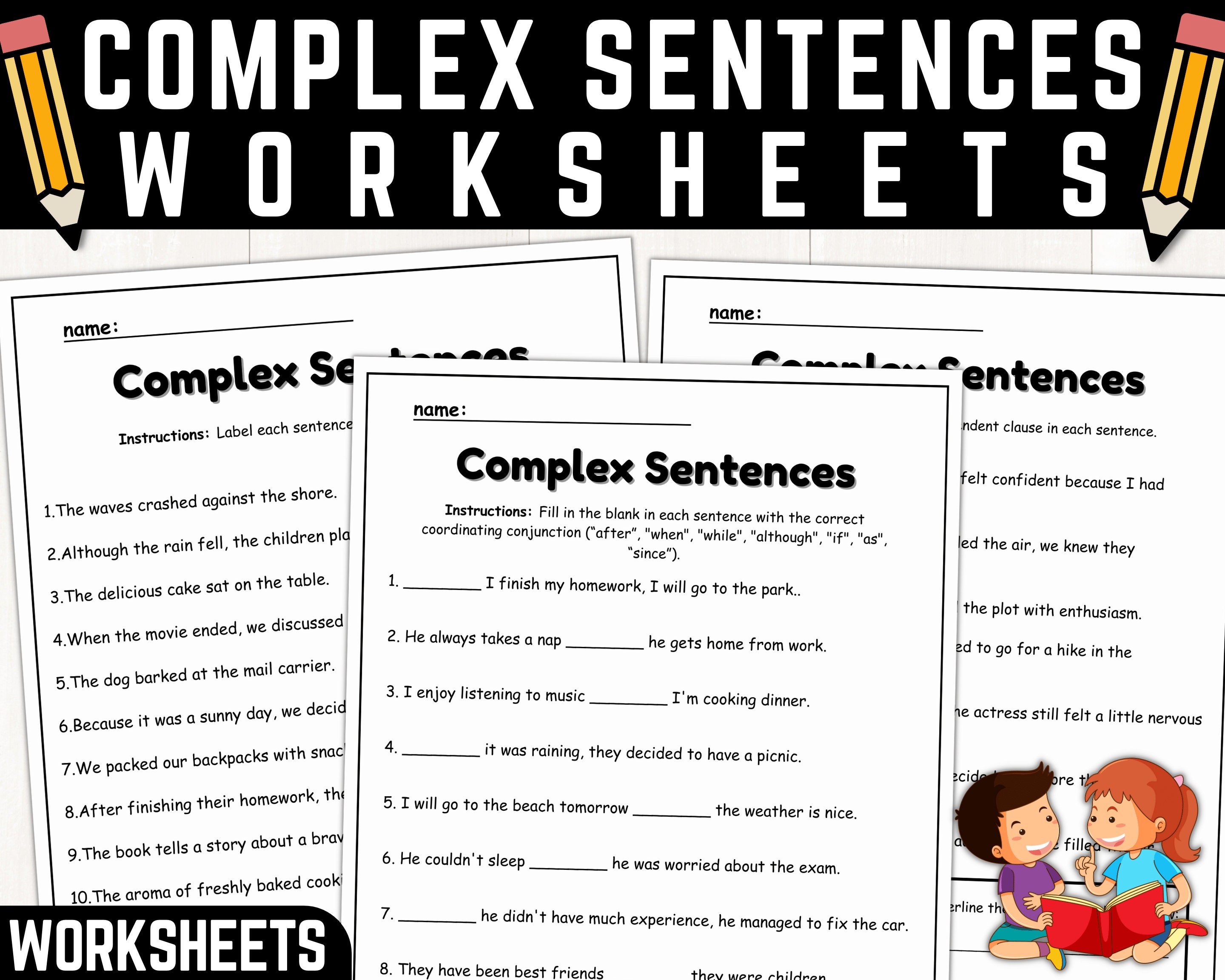 Complex Sentence Worksheets | Sentence Structure | Subordinating ...