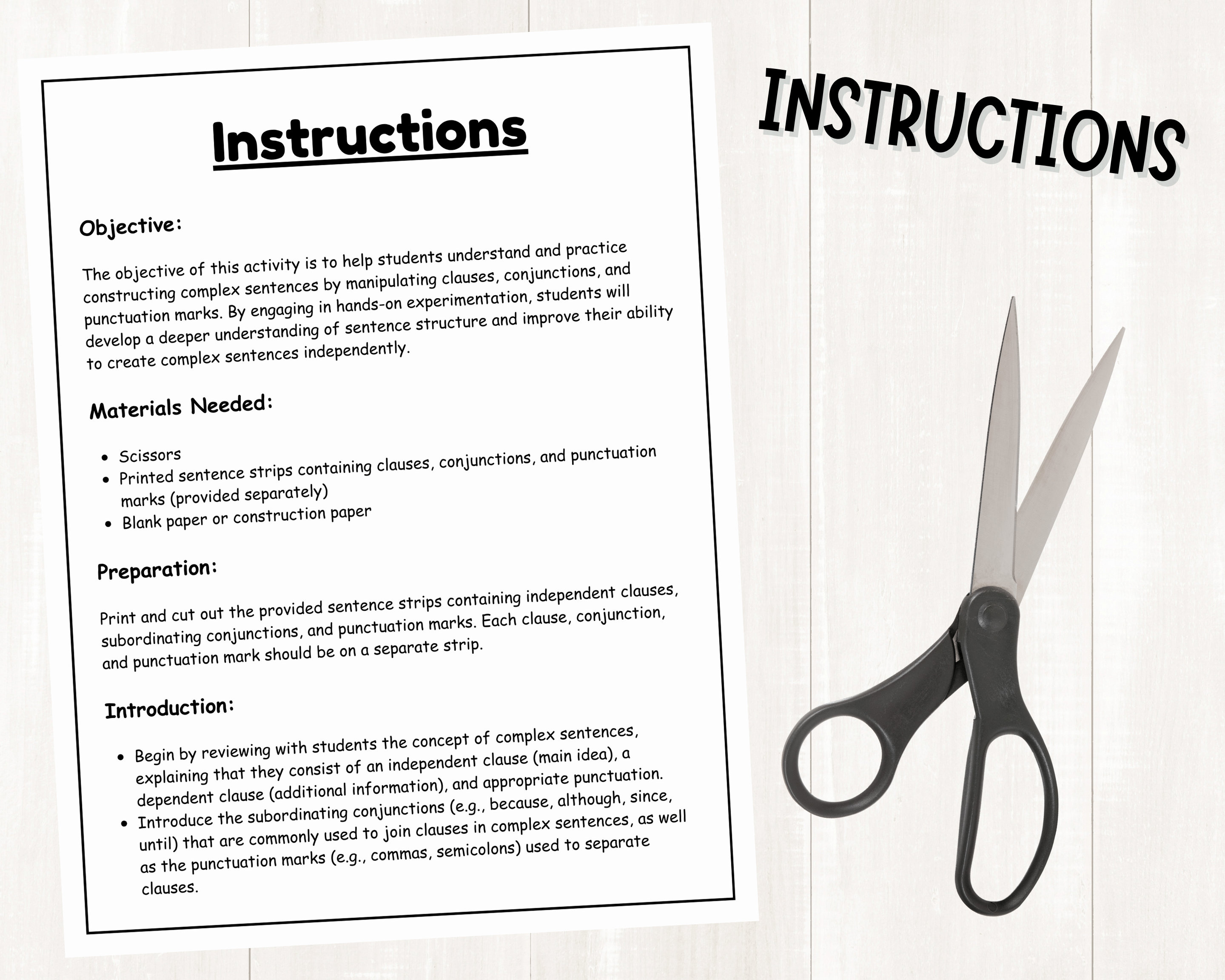 Complex Sentences Hands-on Activity Sentence Building Activity Sentence ...