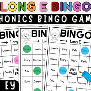 Long Vowel E Bingo (ey, Y) | Phonics Bingo Game for Kids | Long E Words ...