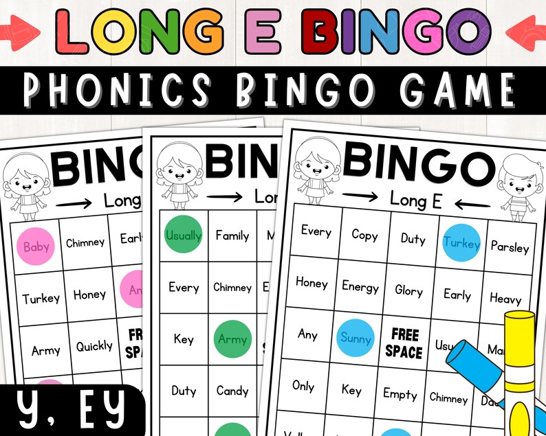 Long Vowel E Bingo (ey, Y) | Phonics Bingo Game for Kids | Long E Words ...