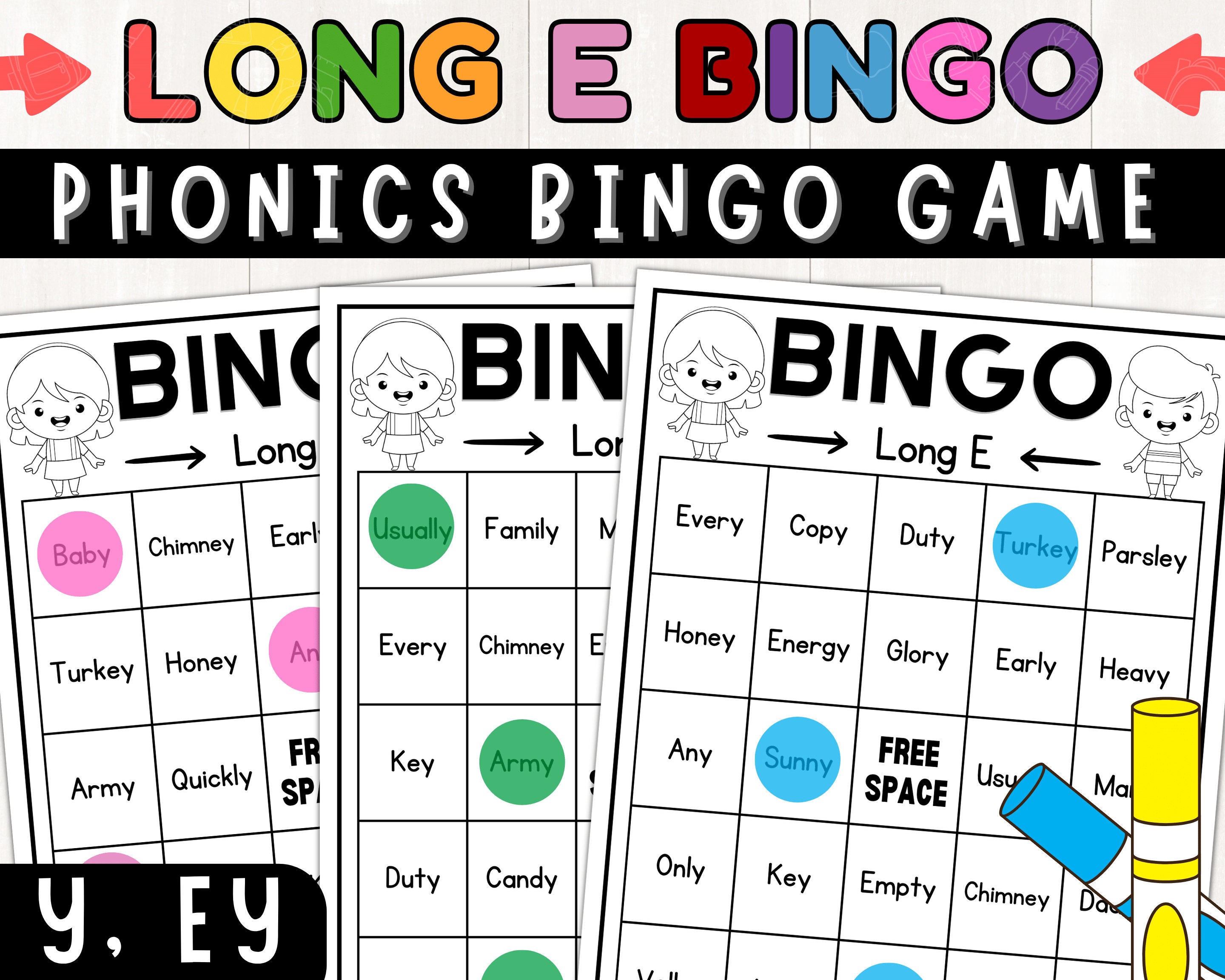 Long Vowel E Bingo (ey, Y) | Phonics Bingo Game for Kids | Long E Words ...