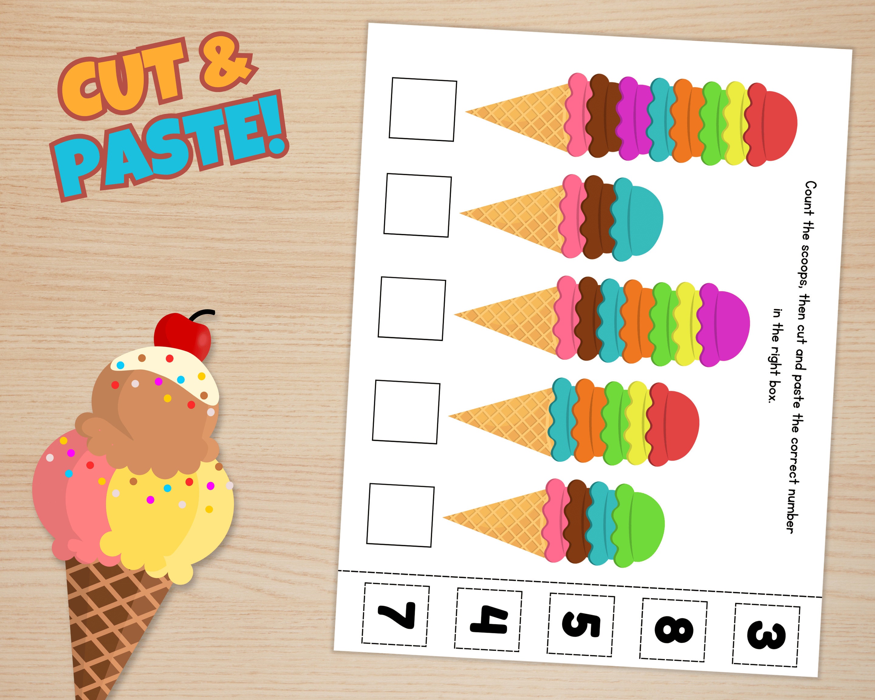 Summer Ice Cream Math Worksheets: Fun Counting, Cut and Paste, and ...