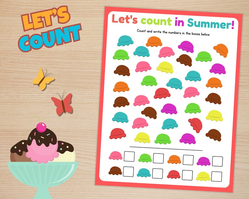 Summer Ice Cream Math Worksheets: Fun Counting, Cut and Paste, and ...