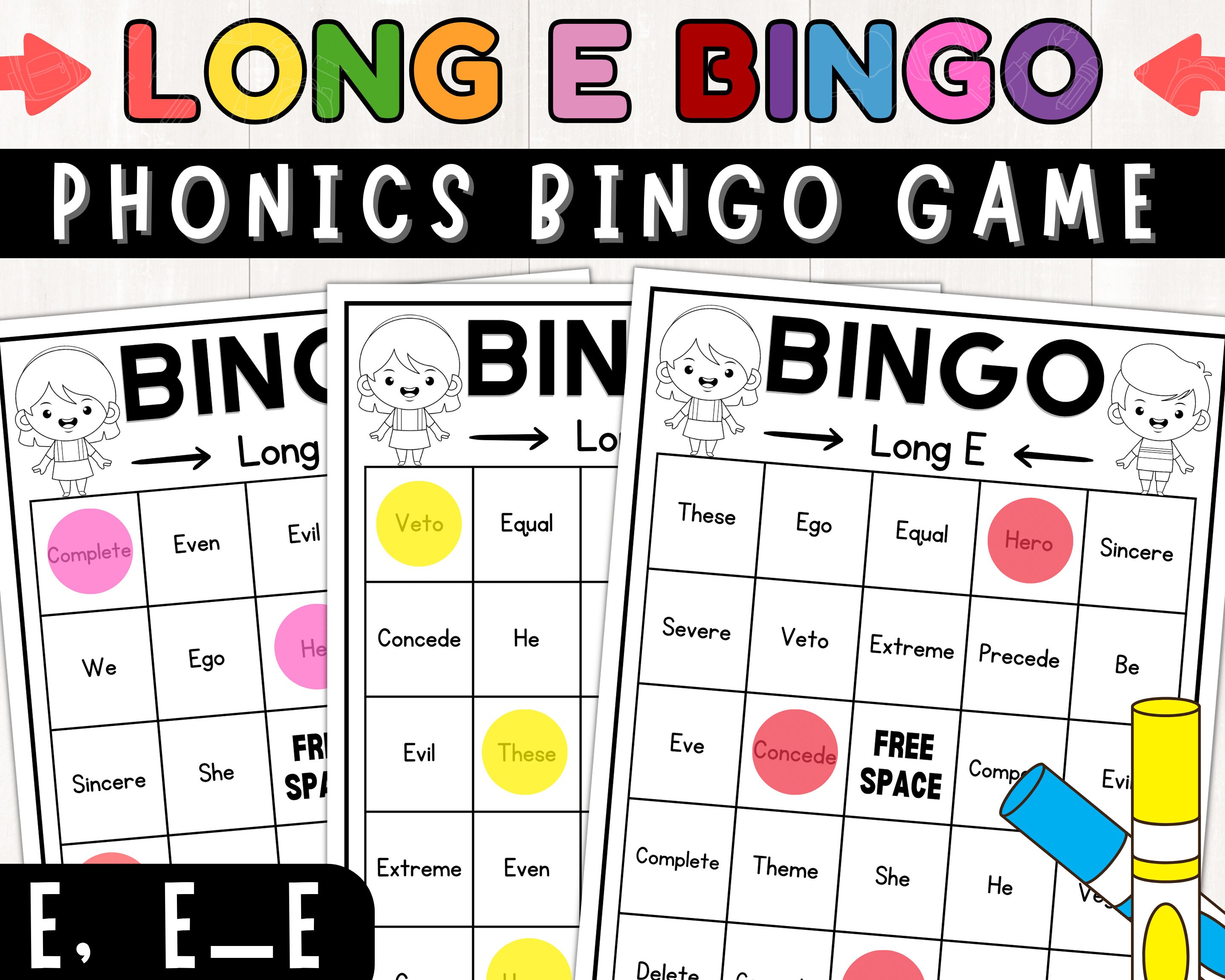 Long Vowel E Bingo e, E-e Phonics Bingo Game for Kids Long E Words ...