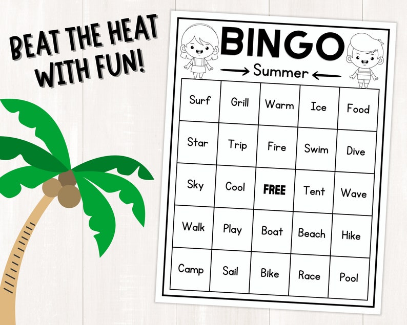 Summer Bingo Printable Game for Kids, 30 Unique Cards, 35 Summer Words ...