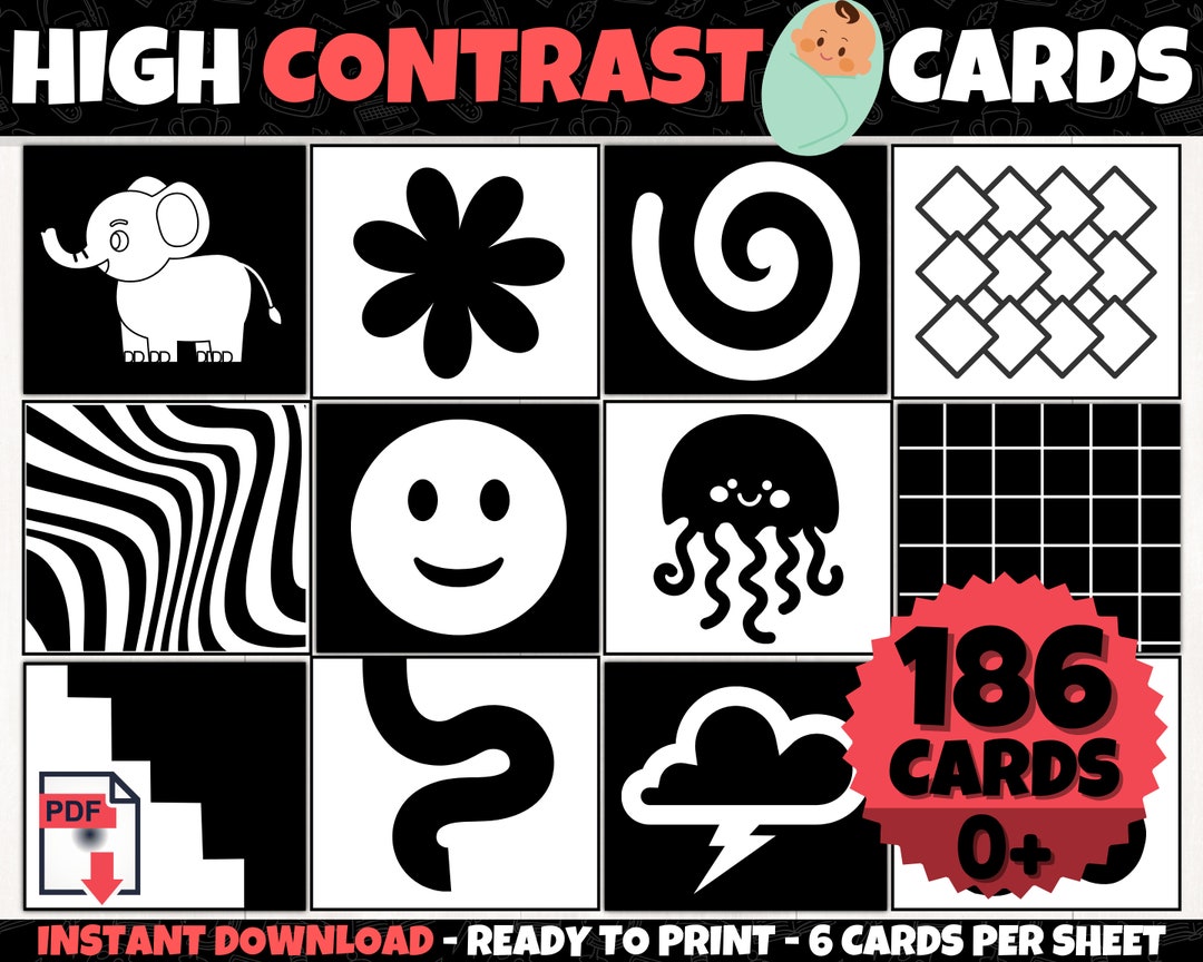 186 Printable Sensory Cards, High Contrast Baby Cards, Black & White ...