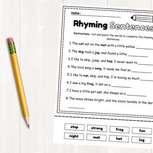 Rhyming Words Worksheets | Matching | Coloring | Cut & Paste | Rhyming ...