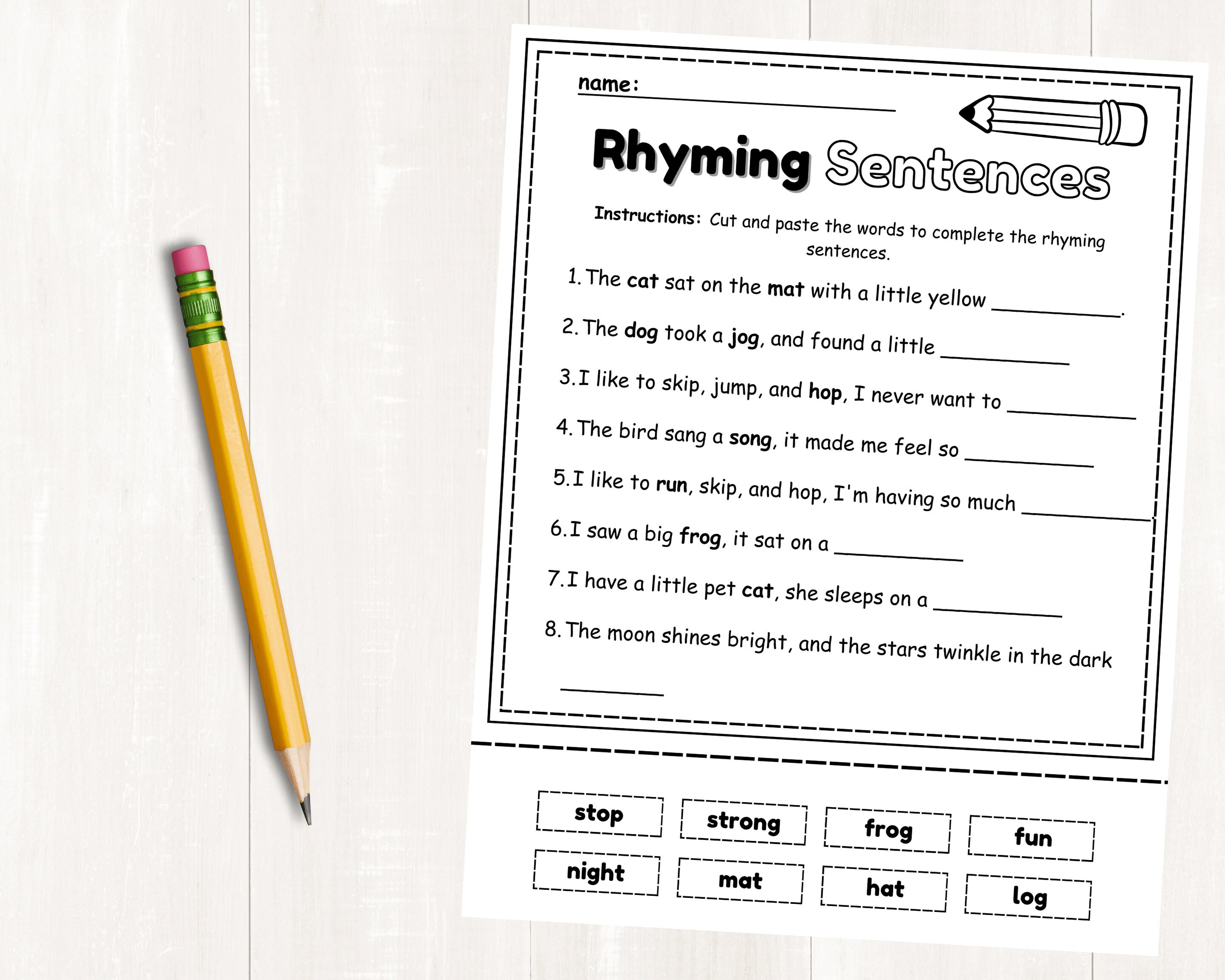 Rhyming Words Worksheets Matching Coloring Cut & Paste Rhyming Activity ...