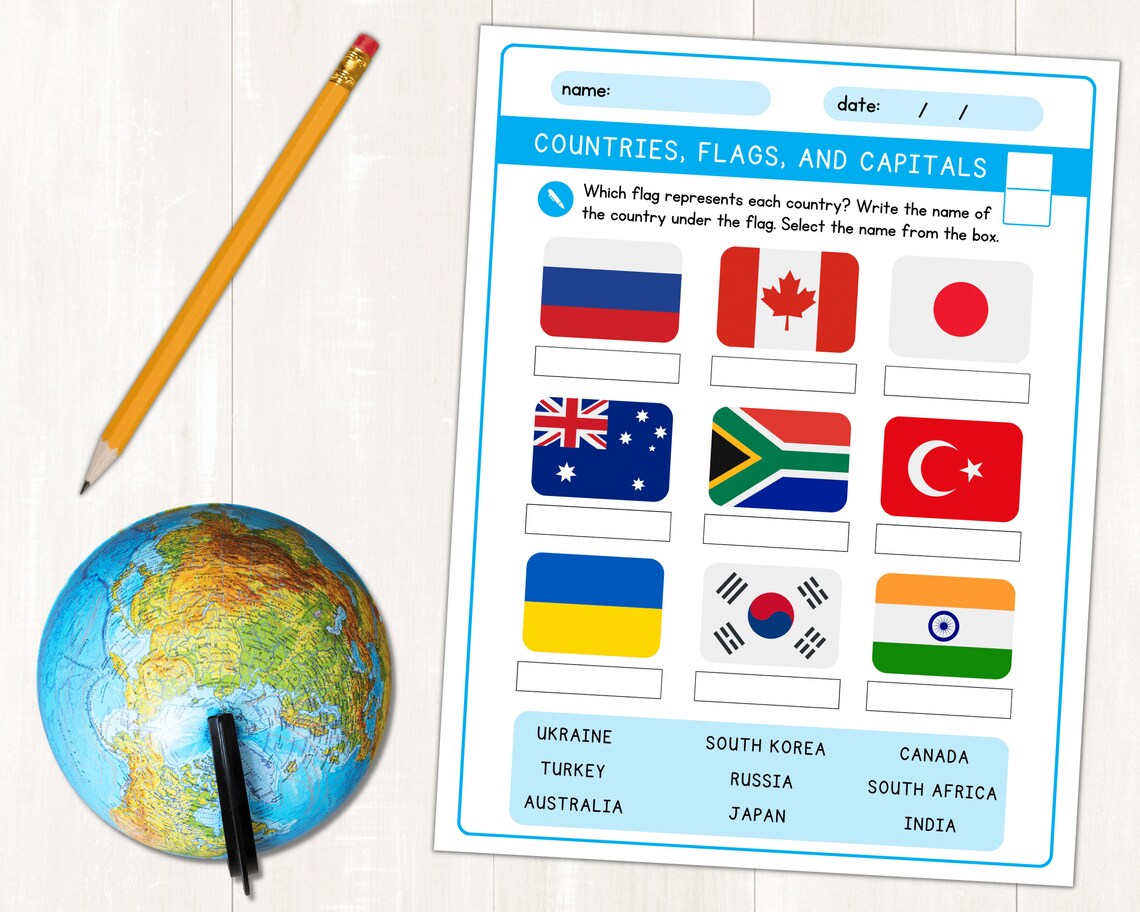 Countries Flags and Capitals Worksheets, Printable Countries of the ...