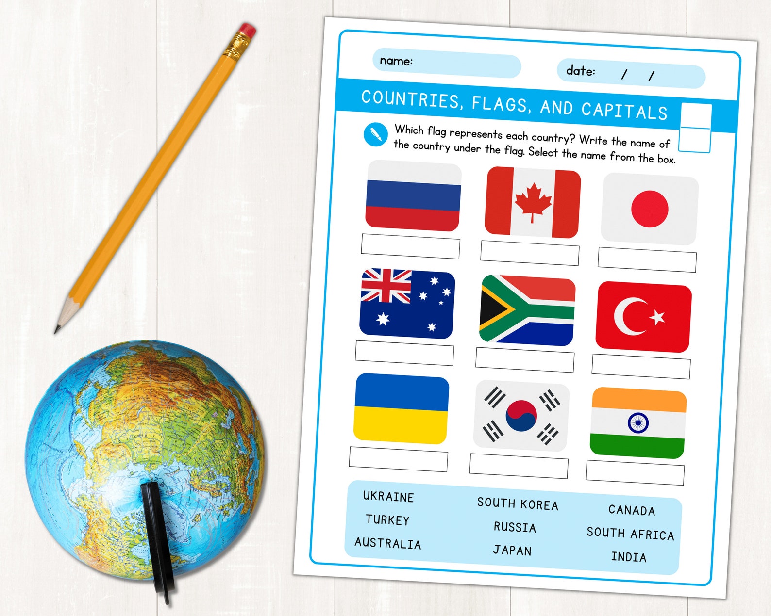 Countries Flags and Capitals Worksheets, Printable Countries of the ...