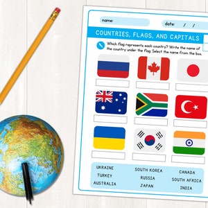 Countries Flags and Capitals Worksheets, Printable Countries of the ...