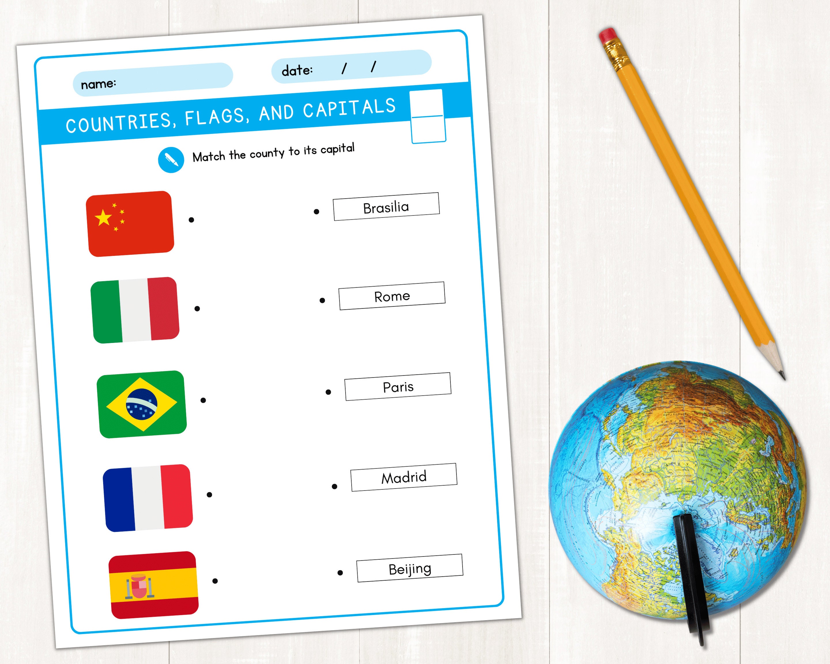 Countries Flags and Capitals Worksheets, Printable Countries of the ...