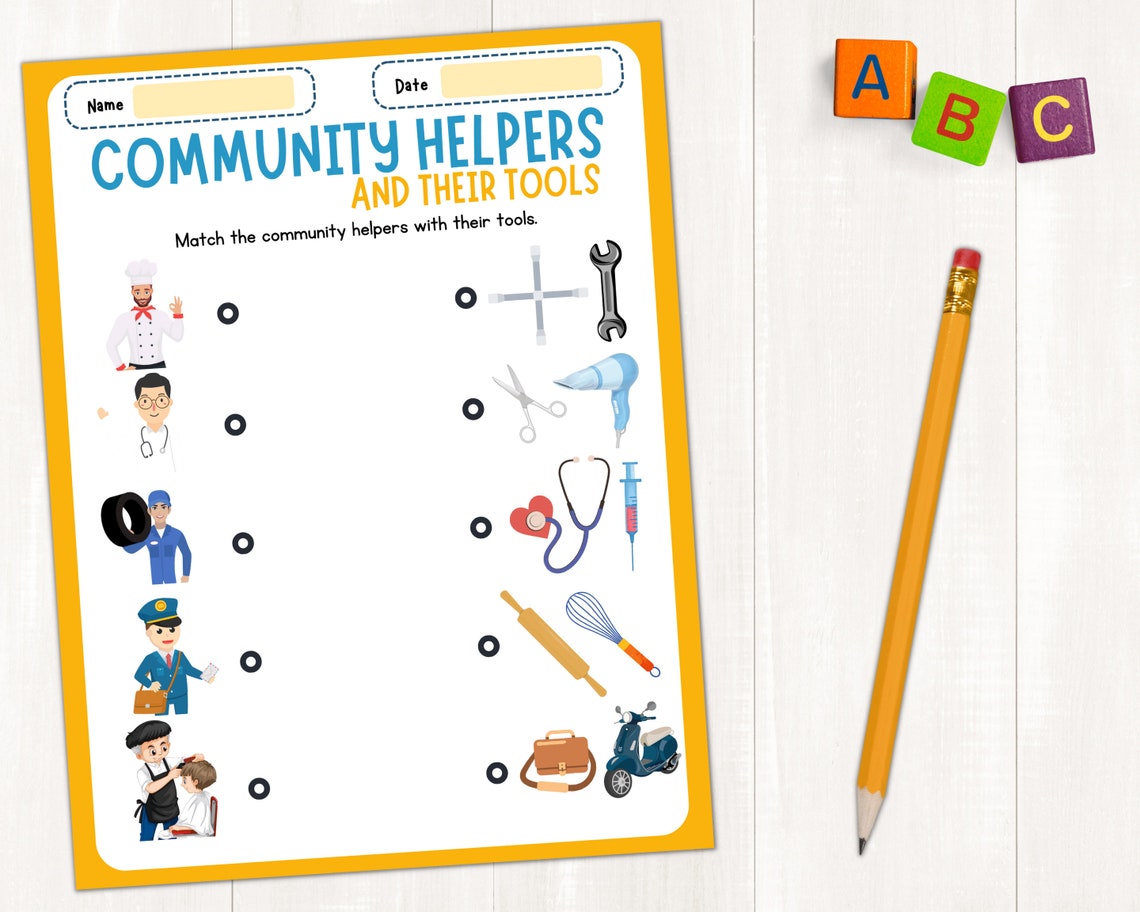Community Helpers Activities & Worksheets | Jobs and Tools Matching ...