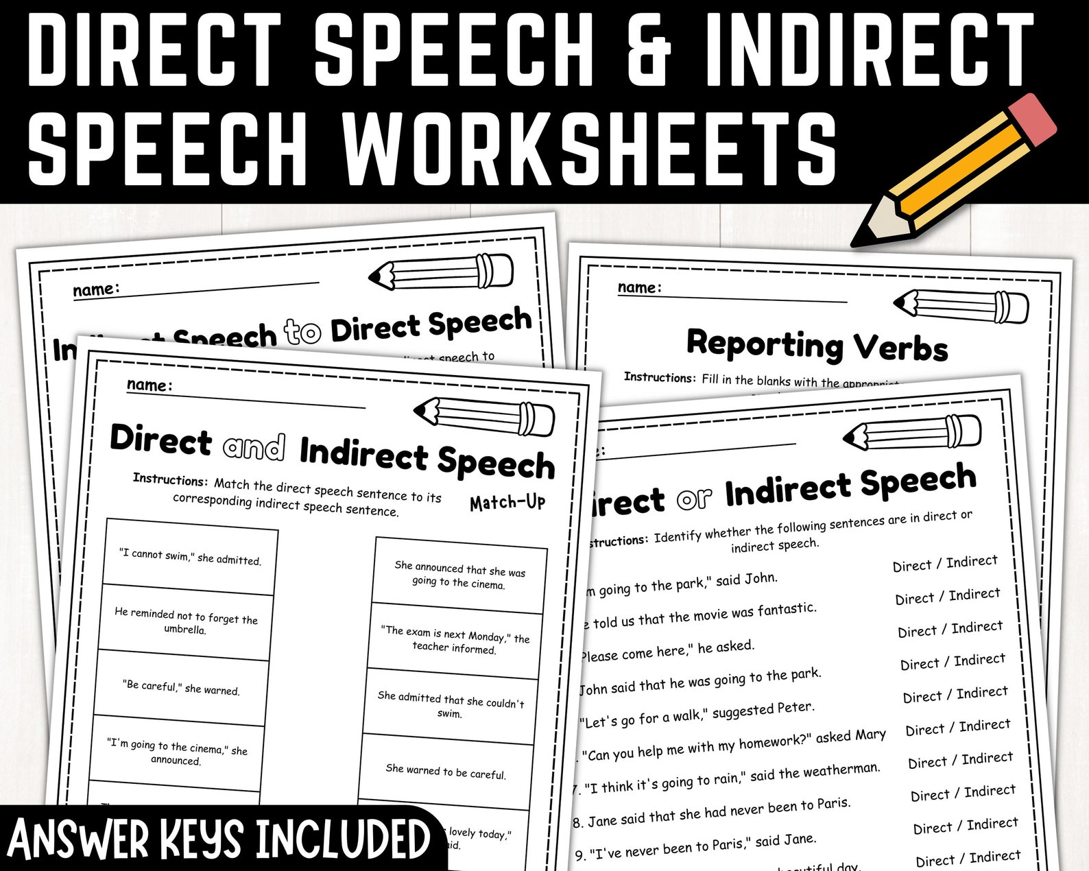 Direct and Indirect Speech Worksheets | Reported Speech | Identifying ...