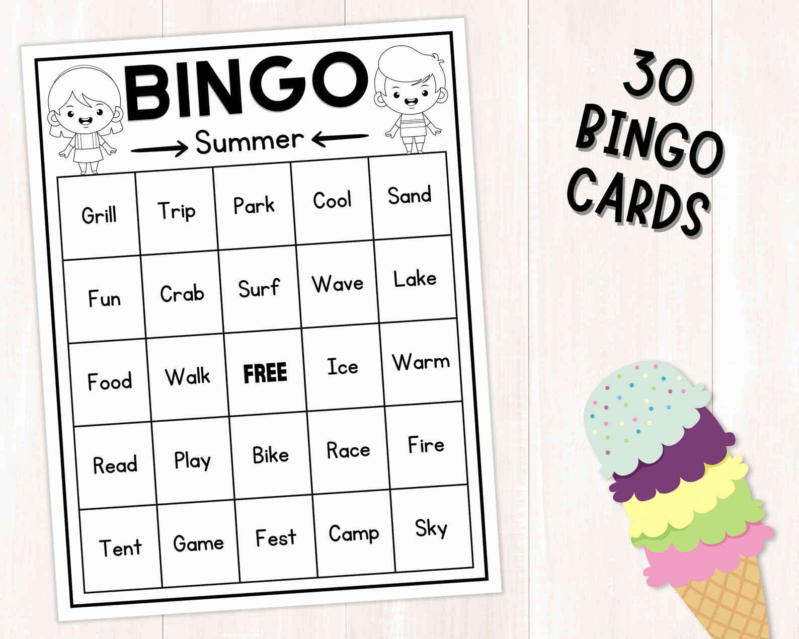Summer Bingo Printable Game for Kids, 30 Unique Cards, 35 Summer Words ...