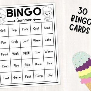 Summer Bingo Printable Game for Kids, 30 Unique Cards, 35 Summer Words ...