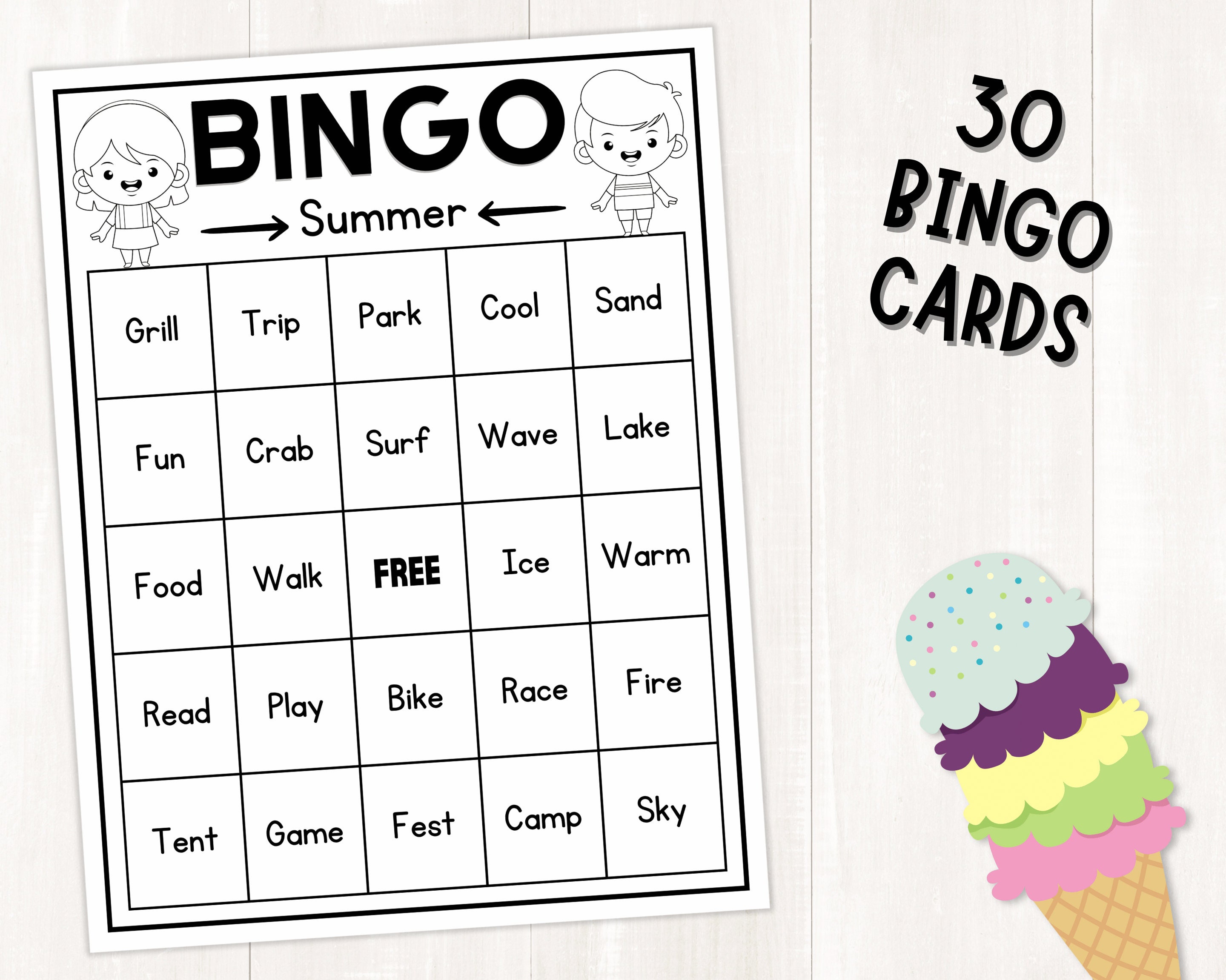 Summer Bingo Printable Game for Kids, 30 Unique Cards, 35 Summer Words ...