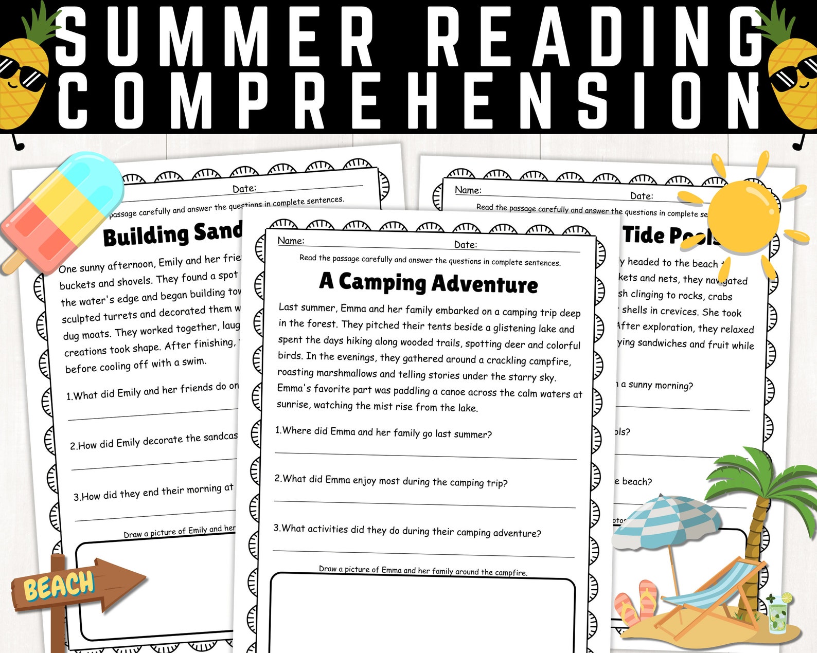 Summer Reading Comprehension Printable Worksheets Engaging Stories ...