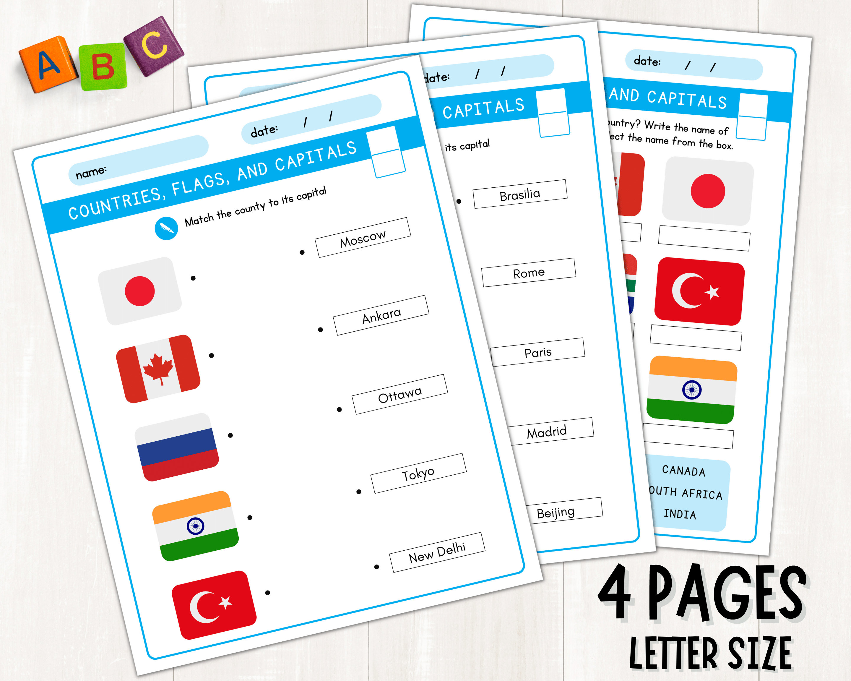Countries Flags and Capitals Worksheets, Printable Countries of the ...