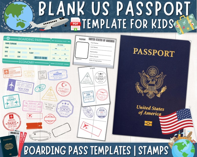 Pretend Passport With Flags, Stamps for Learning and Pretend Play, Fake ...