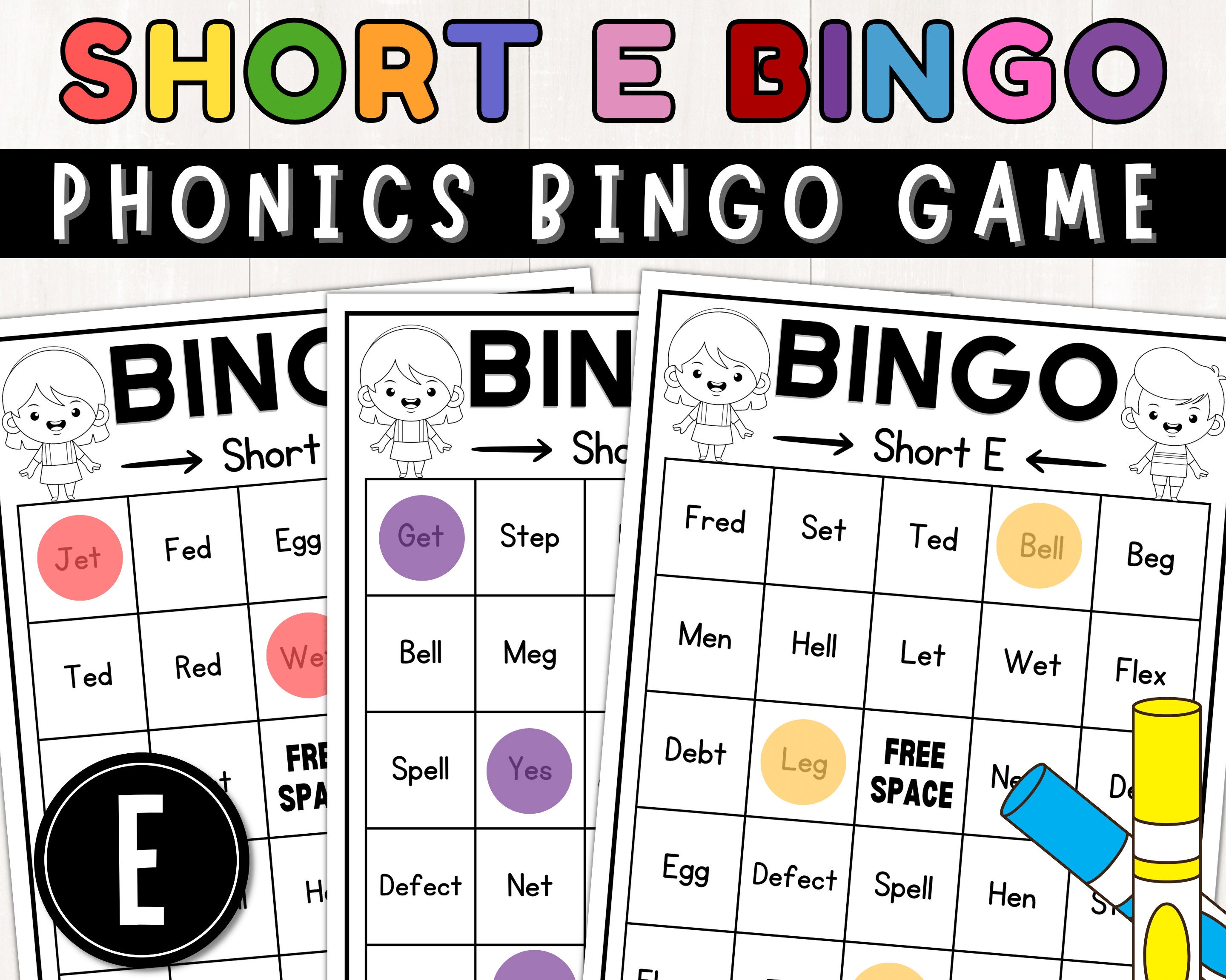Short Vowel E Bingo Game | Phonics Bingo Game for Kids | Short E Words ...