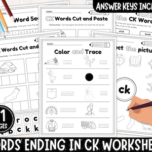 Words Ending in CK Worksheets & Activities | Tracing | Matching | Cut ...