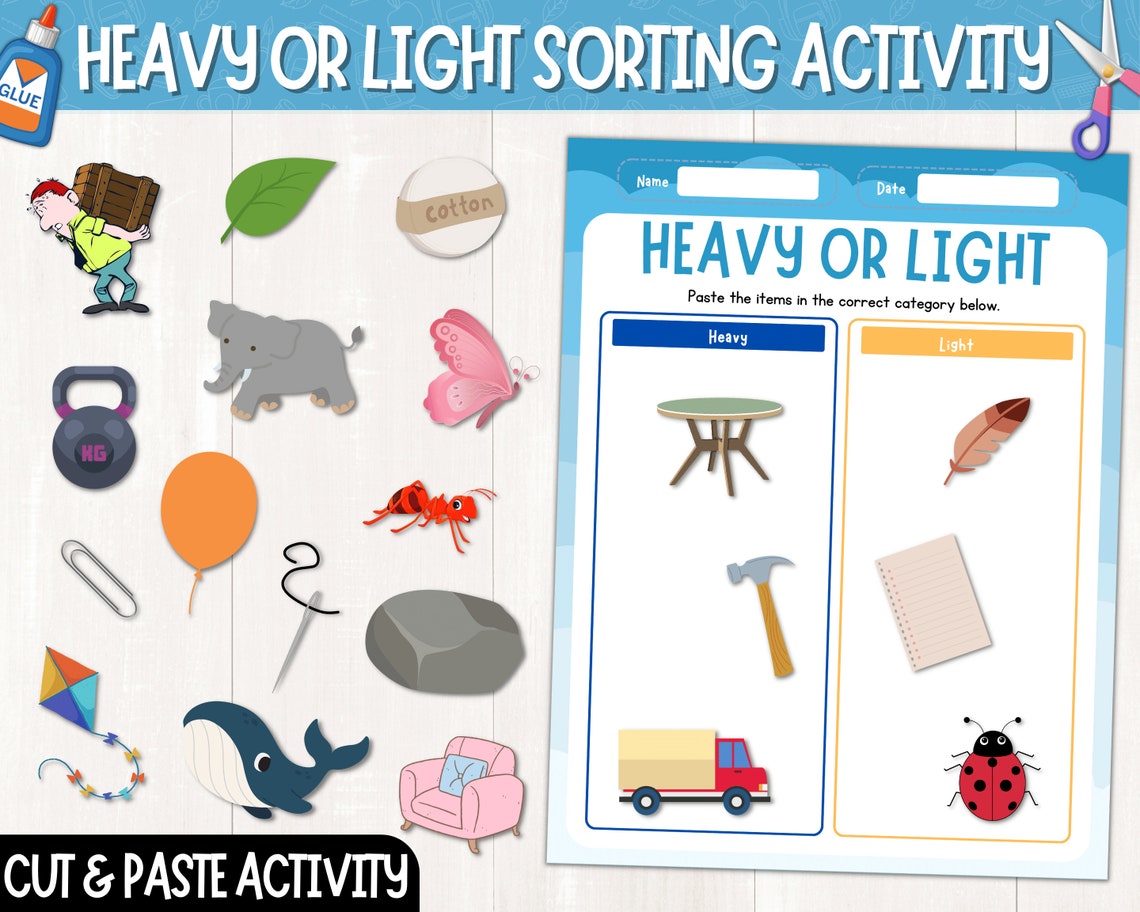 Heavy and Light Sorting Activity Worksheets Sort by Weight Printable ...