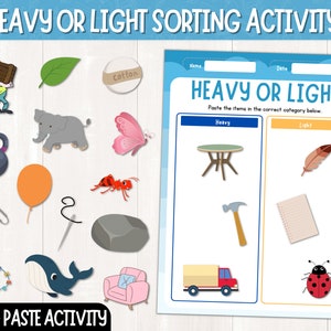 Heavy and Light Sorting Activity Worksheets | Sort by Weight Printable ...