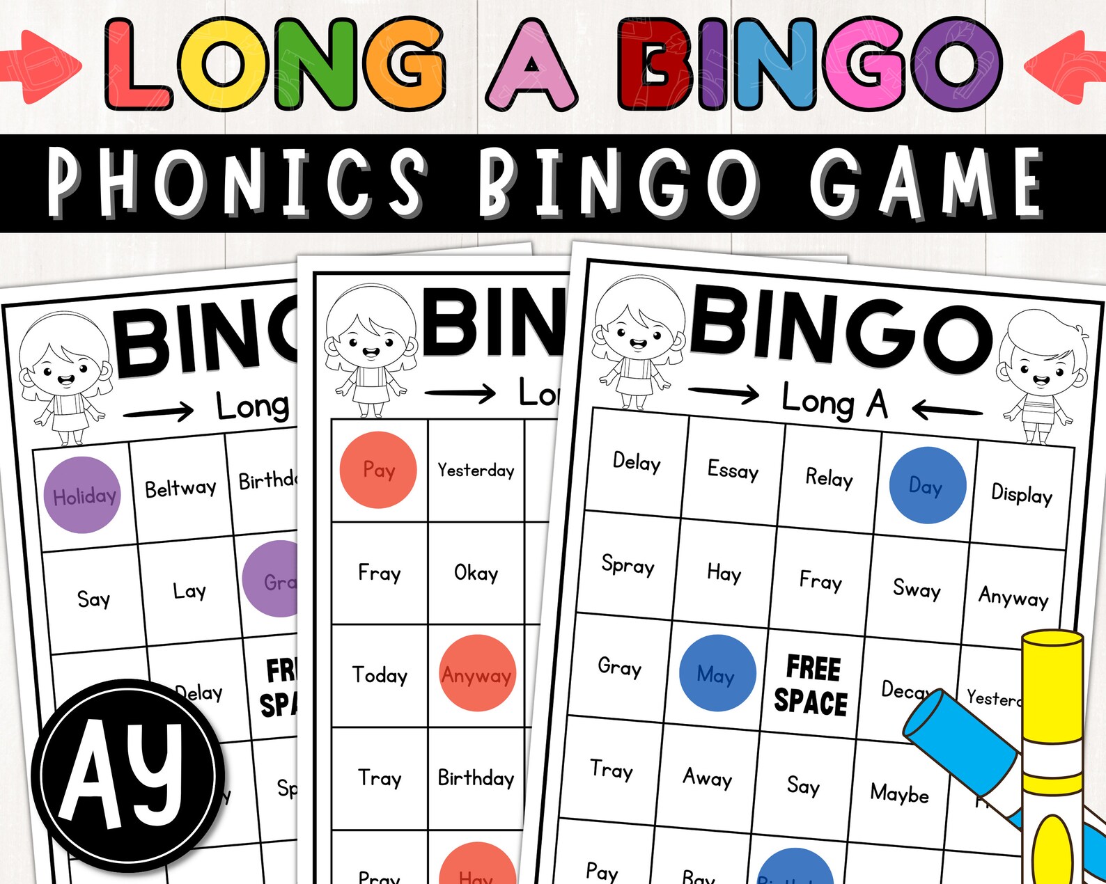 Long Vowel A (-ay) Bingo Game | Phonics Bingo Game for Kids | Long A ...