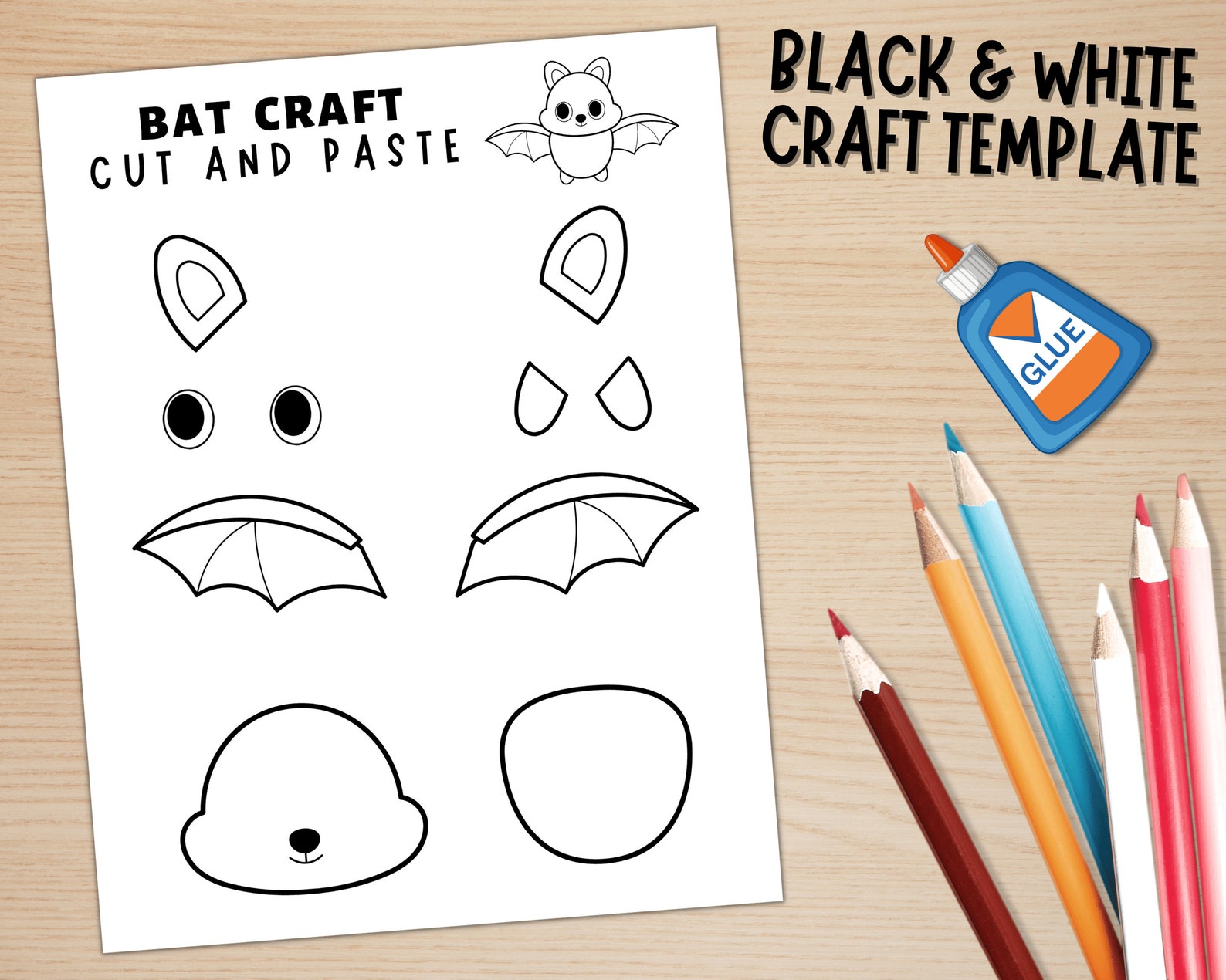 Bat Craft Printable Template, Halloween Craft, Bat Coloring Page, Build ...