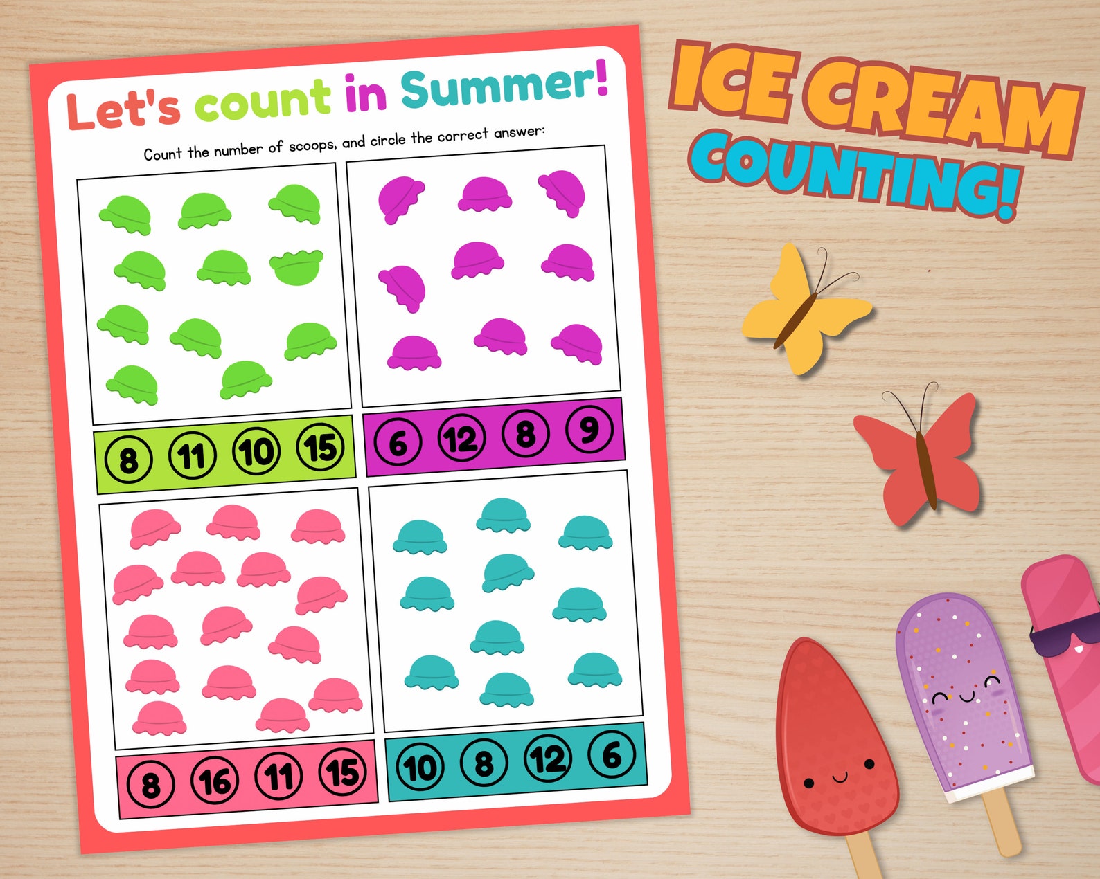 Summer Ice Cream Math Worksheets: Fun Counting, Cut and Paste, and ...