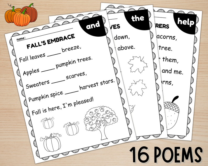 Fall Sight Word Poems Sight Word Worksheets Fall Songs - Etsy