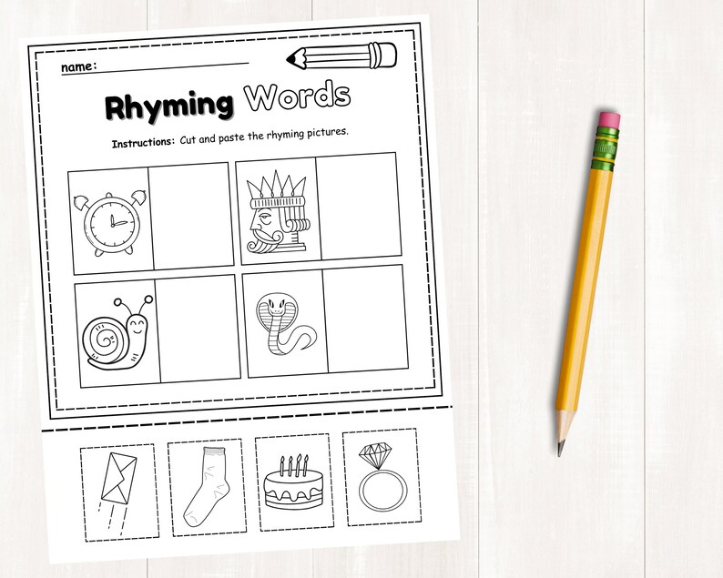 Rhyming Words Worksheets Matching Coloring Cut & Paste Rhyming Activity ...