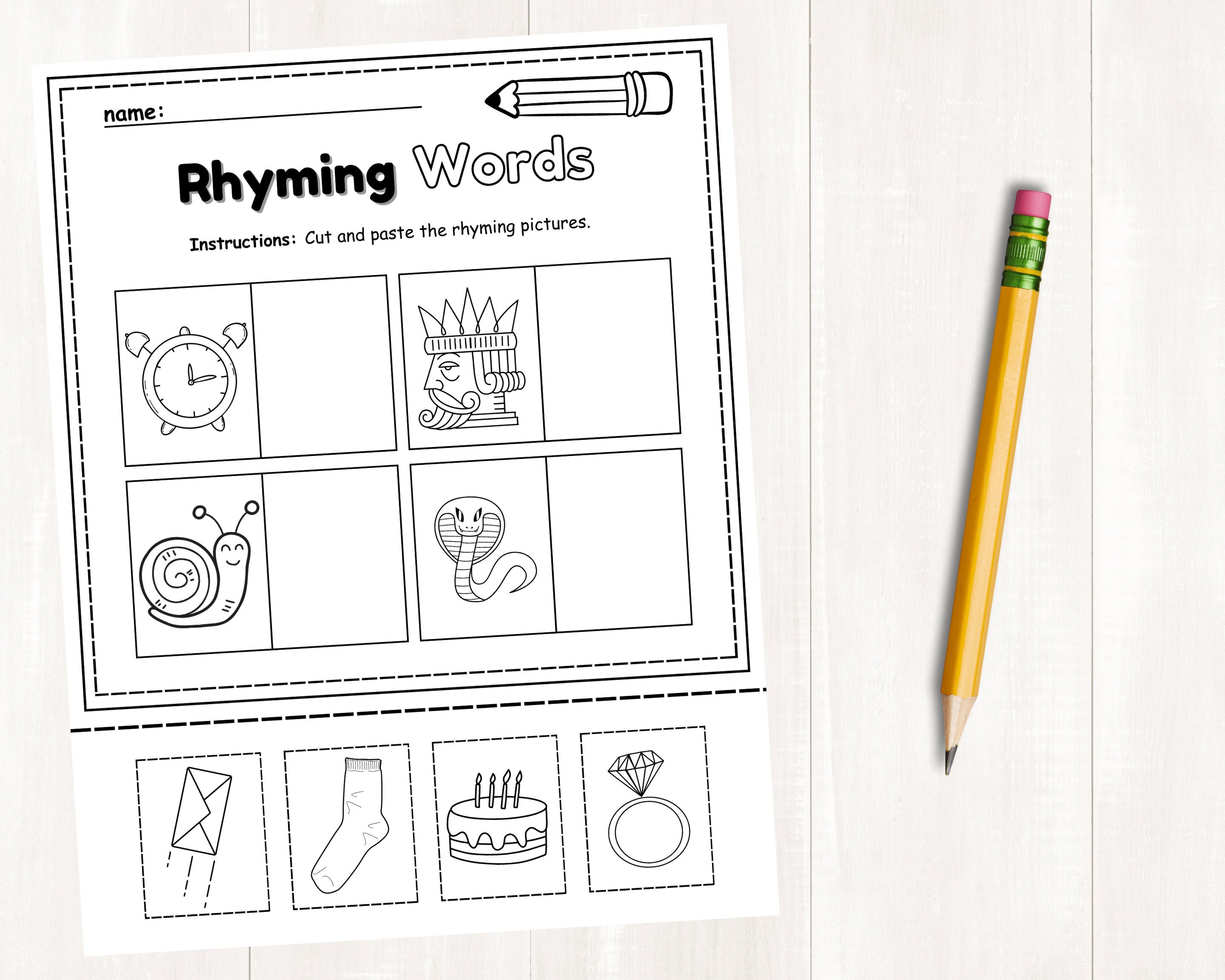 Rhyming Words Worksheets | Matching | Coloring | Cut & Paste | Rhyming ...