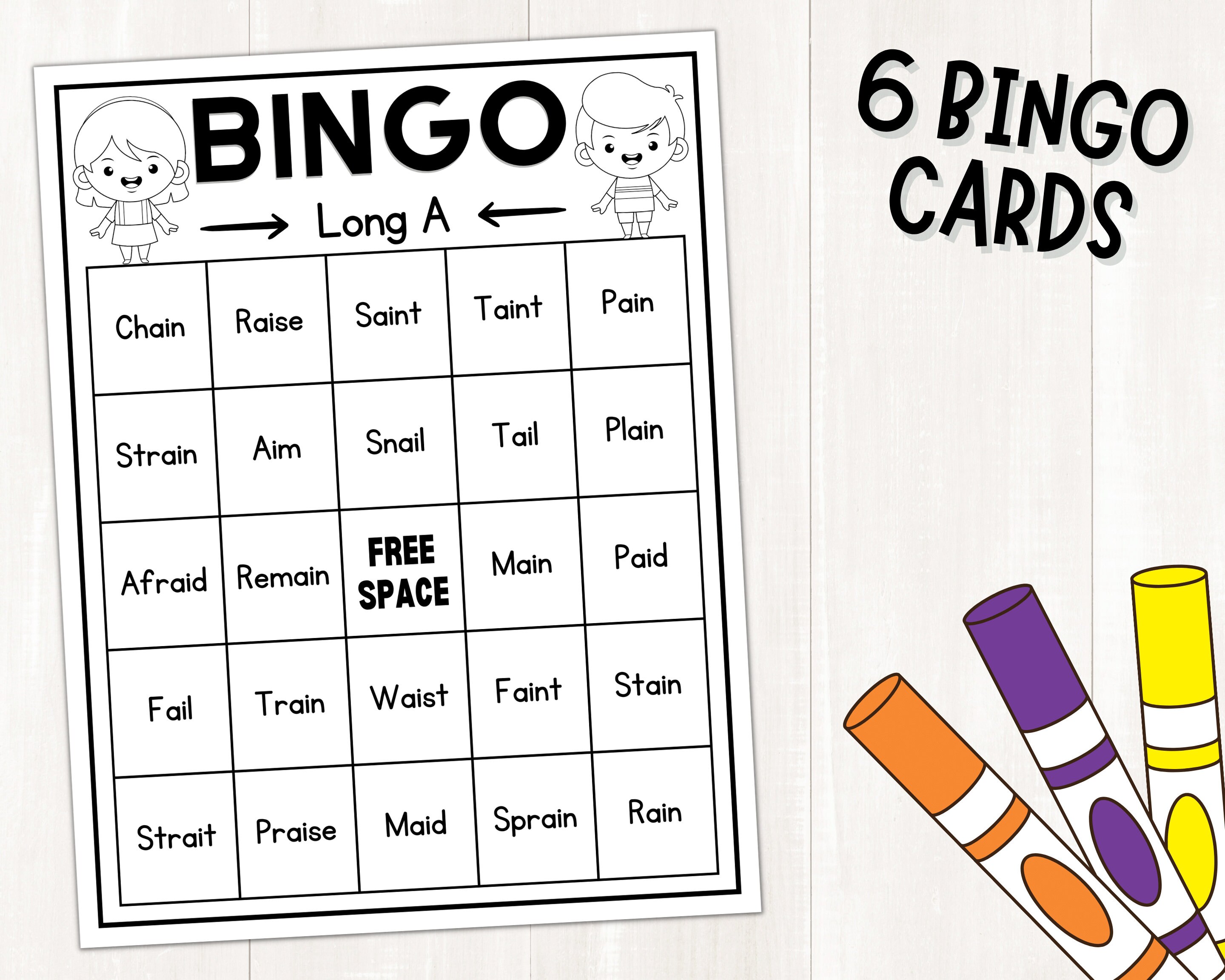 Long Vowel A ai Bingo Game Phonics Bingo Game for Kids Long A Words ...